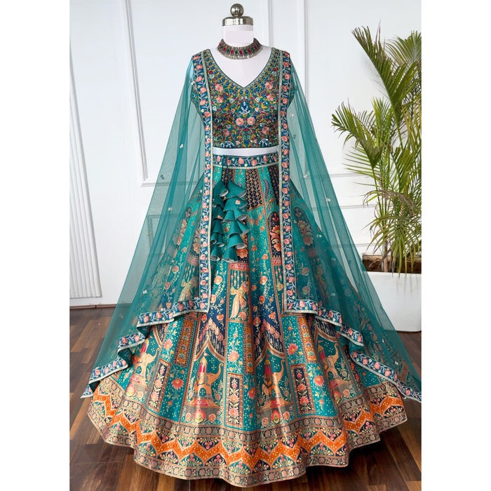 Firozi color Sequence Embroidery work Designer Lehenga with Firozi cho ...